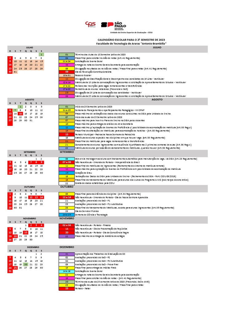 Calendario 2o Semestre 2023 Revisado Pela Congregacao | PDF