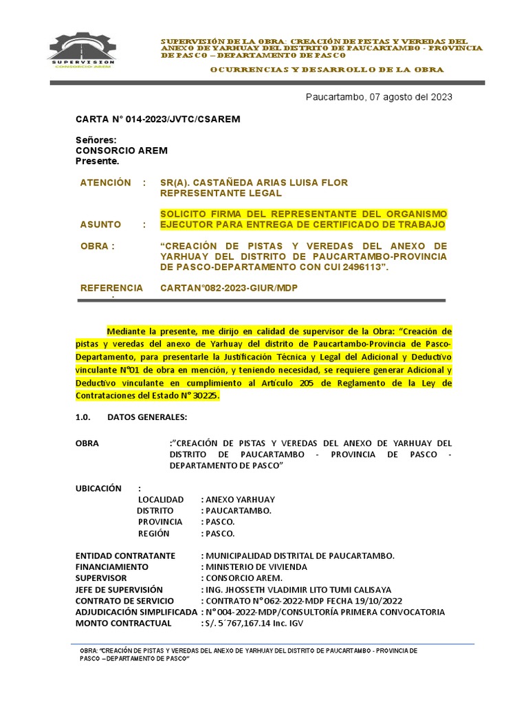 Carta 14 - Aprobacion de Adicional Deductivo 1 | PDF
