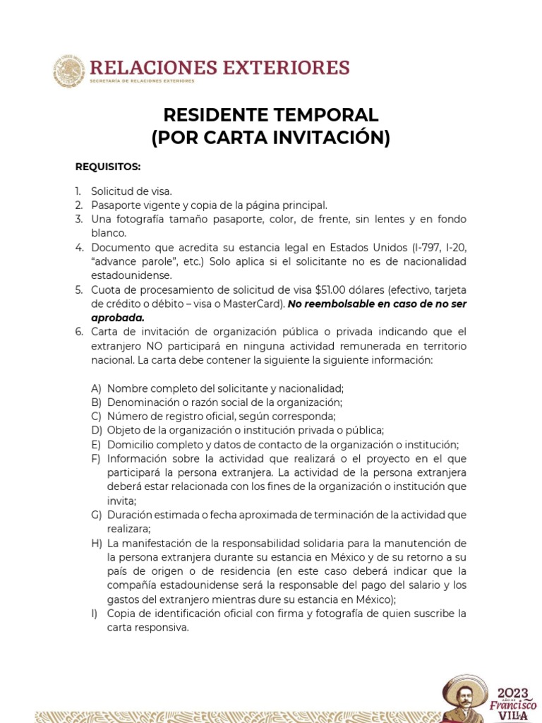 Residente Temporal Carta Invitacion 2023 | PDF