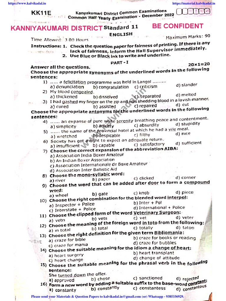 + 1 ENG - KanniyakumariDISTRICT ORIGINAL QUESTION & ANSWER KEY - JAN ...