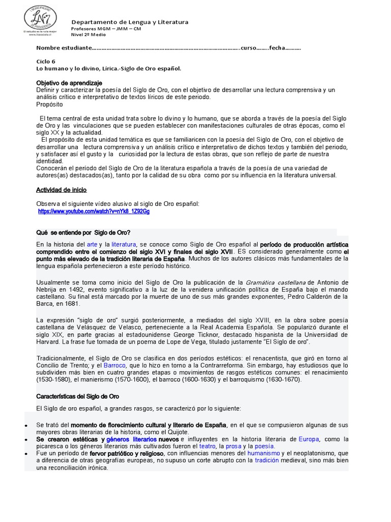 Guía de Aprendizaje 02 - Siglo de Oro Español | PDF