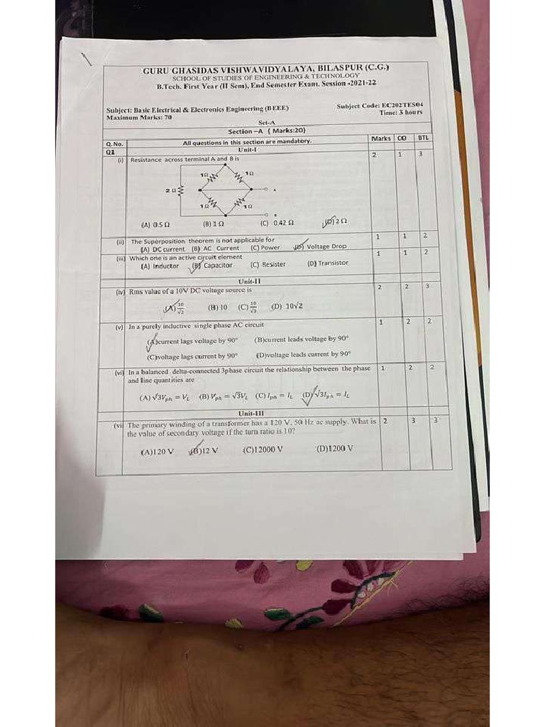 BEEE End Sem Exam 2021 Question Paper | PDF