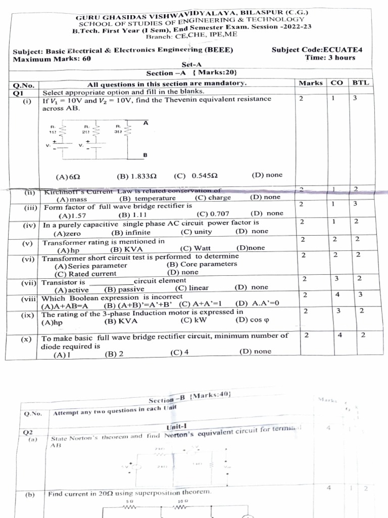 End Semester Exam BEEE Question Paper 2022-23 | PDF | Electrical ...