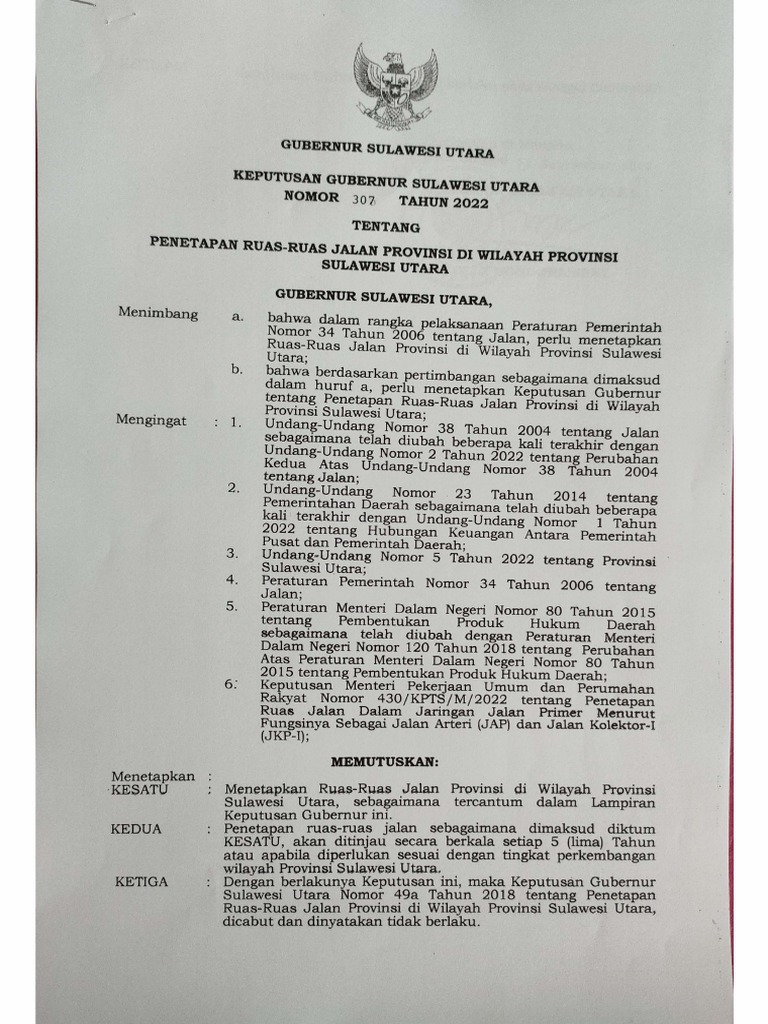 SK No 307 Tahun 2022 - Tentang Penetapan Ruas-Ruas Jalan Provinsi Di Wilayah Sulawesi Utara | PDF