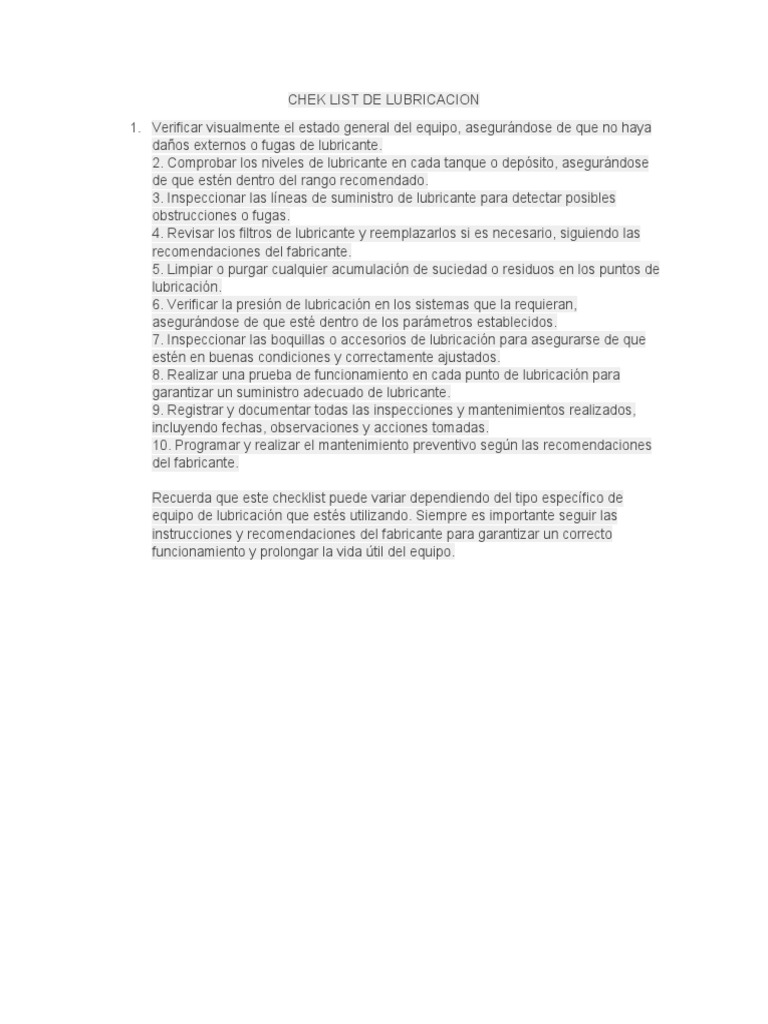 Chek List De Lubricacion PDF