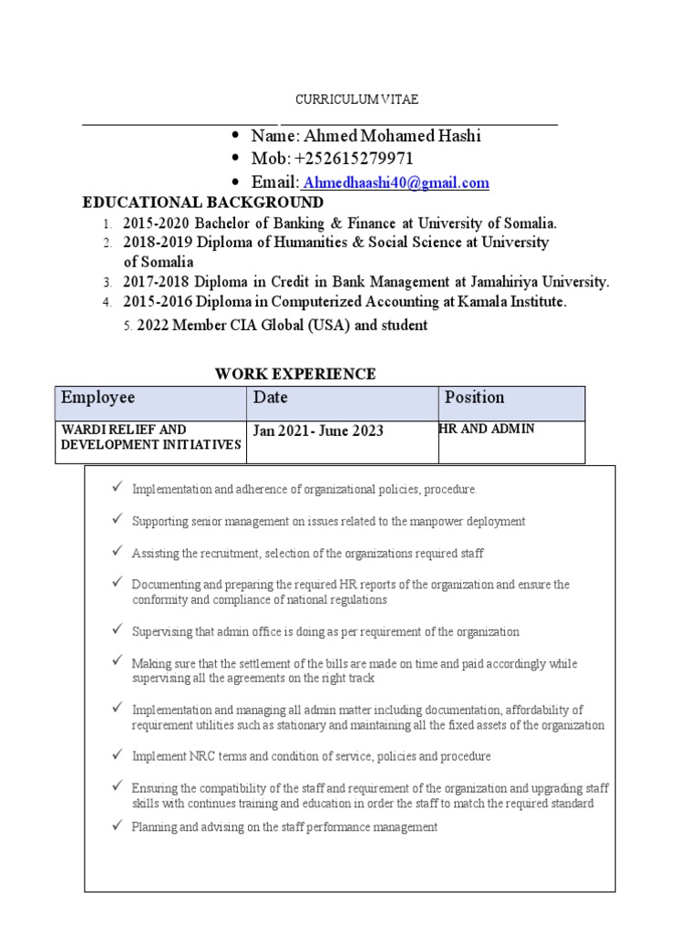 Ahmed Hashi Cv1 | PDF | Somalia | Mogadishu Ahmed Hashi Cv1 | PDF | Somalia | Mogadishu