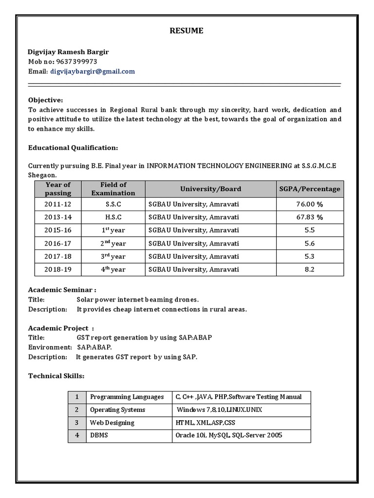 Digvijay Resume Pdf Computer Engineering Computer Science