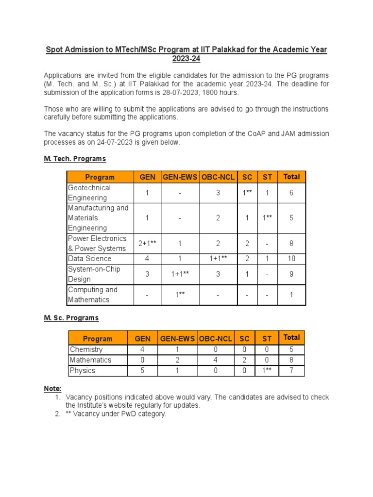 Spot Admission To MTech - MSC Program at IIT Palakkad For The Academic Year 2023-24 | PDF ...