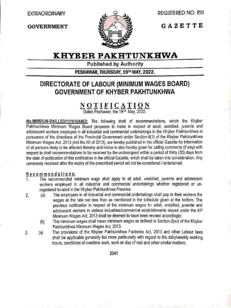 KPK Minimum Rates of Wages Notification 2022 | PDF