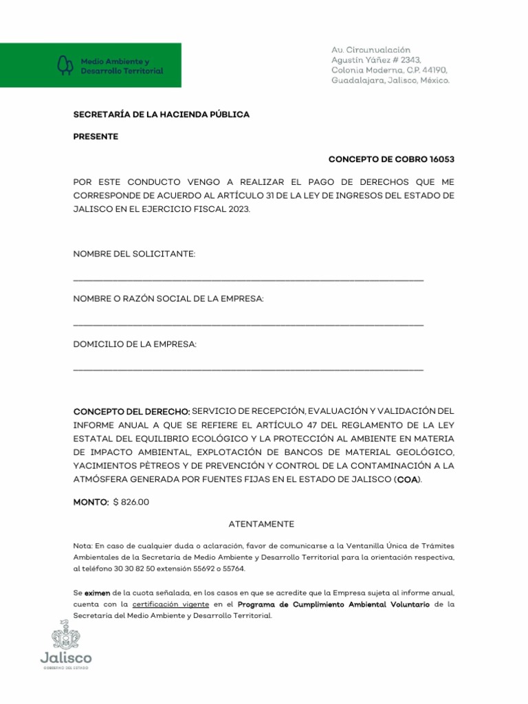 Pago Derechos Cedula de Operacion Anual Coa 2023 | PDF