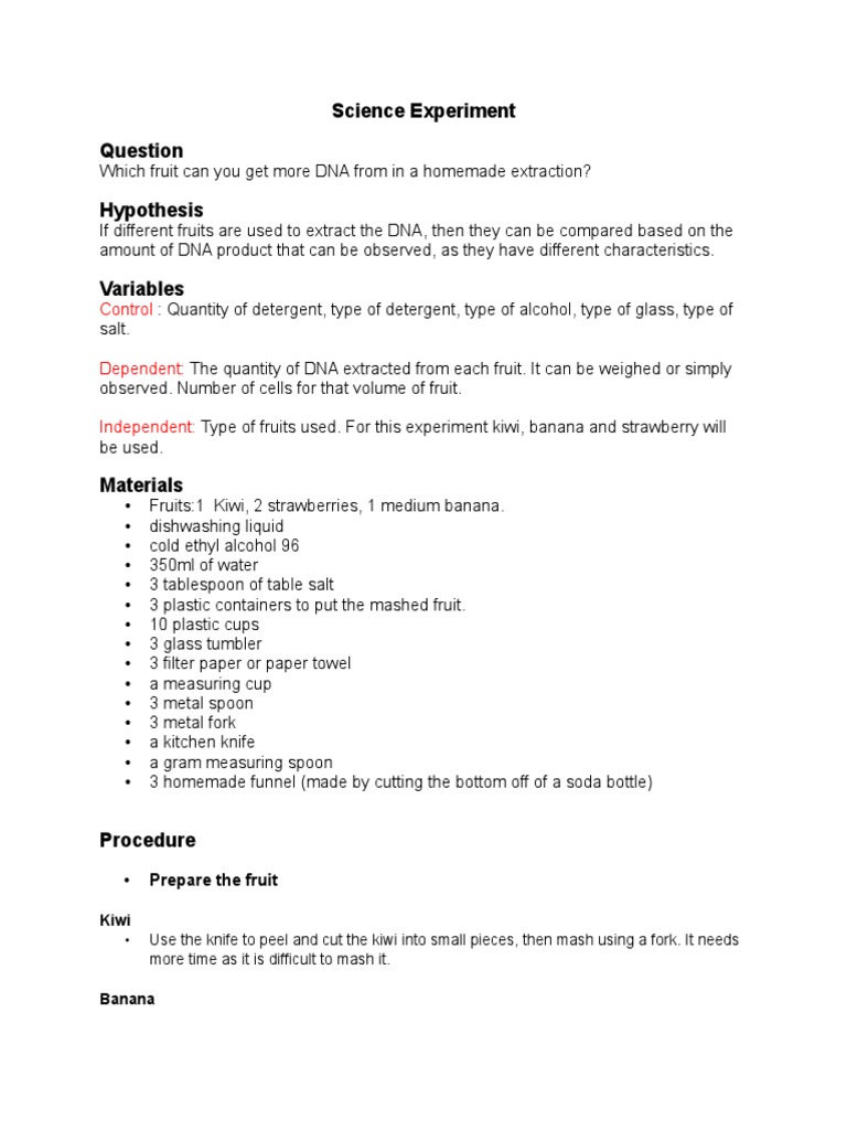 DNA Extraction from Fruits Experiment | PDF | Chemistry