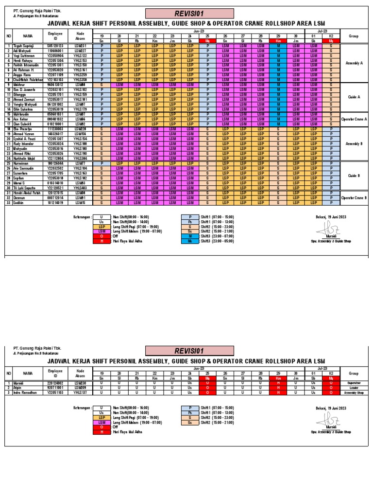 Revisi Jadwal Kerja Karyawan Assembly & Guide Shop Mei-Jun 2023 | PDF
