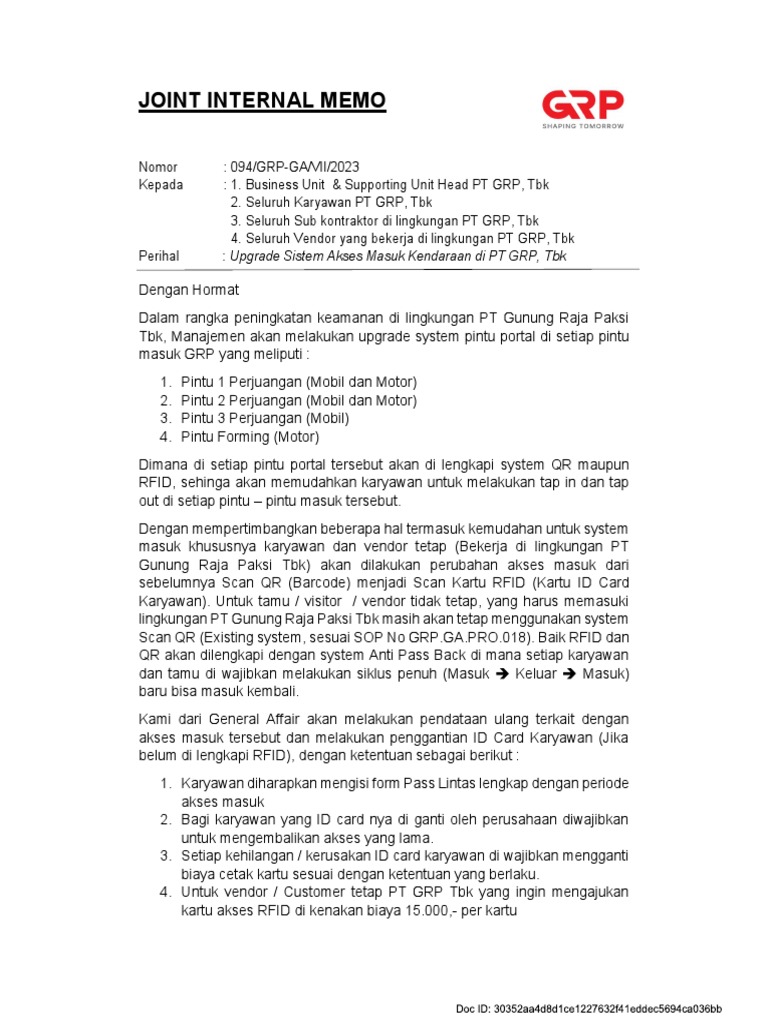 Joint Internal Memo Upgrade System Rfid | PDF