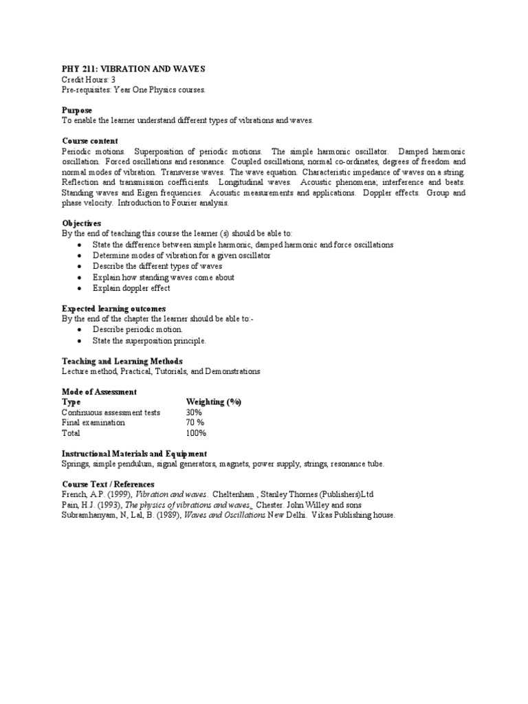 PHY 211-Waves and Vibrations Course Content | PDF
