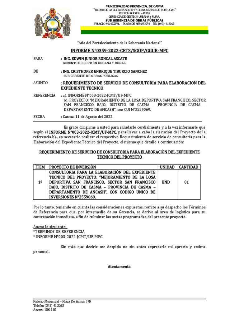 Informe #359 - Requerimiento para Consultoria de Elaboracion de Expediente Tecnico - Losa ...