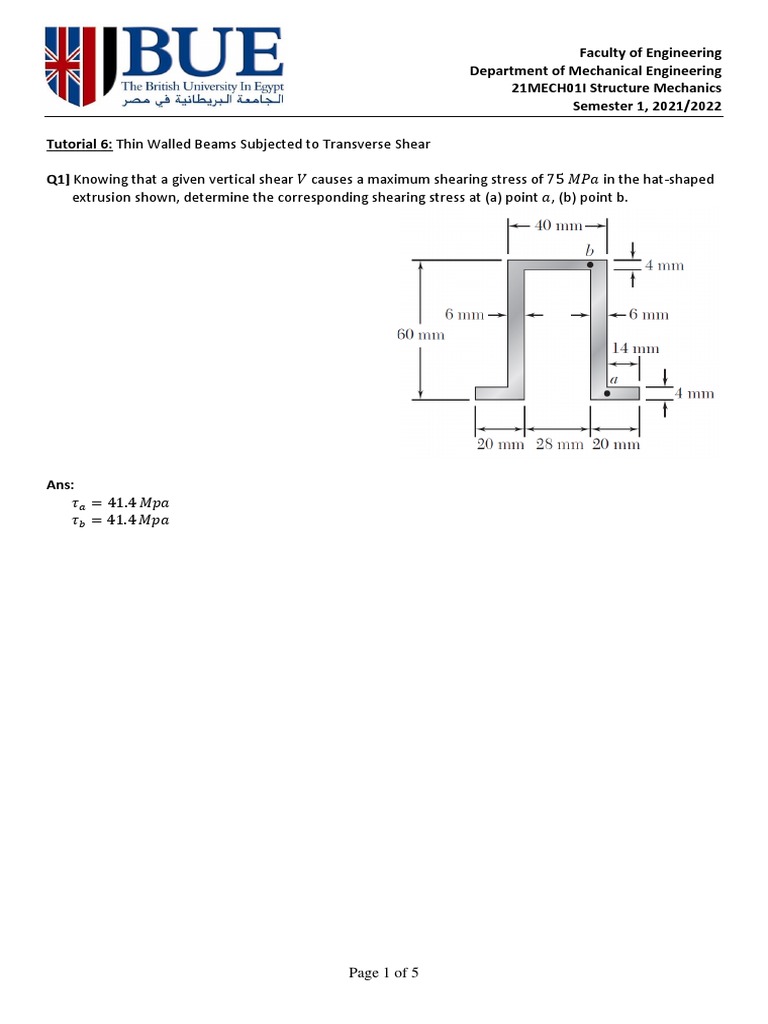 21MECH01I Tutorial 6 Thin Walled Beams Subjected To Transverse Shear | PDF
