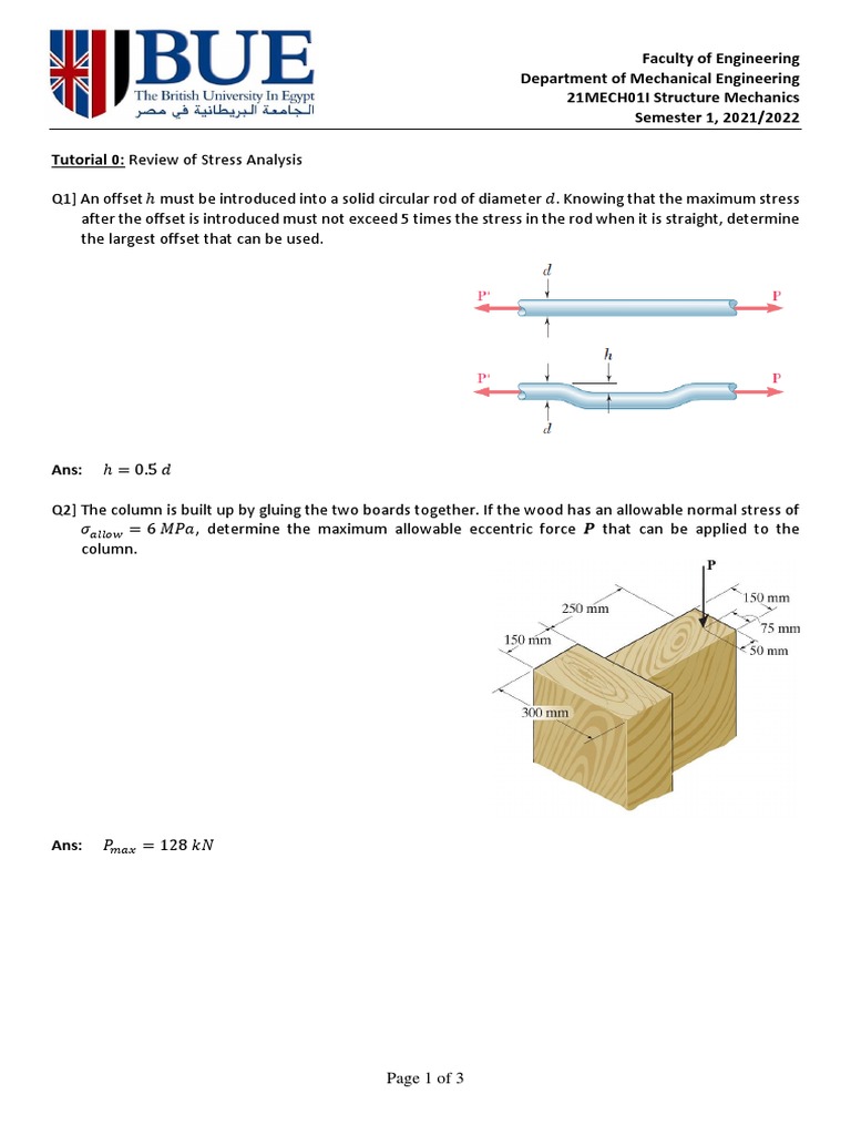 21MECH01I Tutorial 0 Review of Stress Analysis | PDF