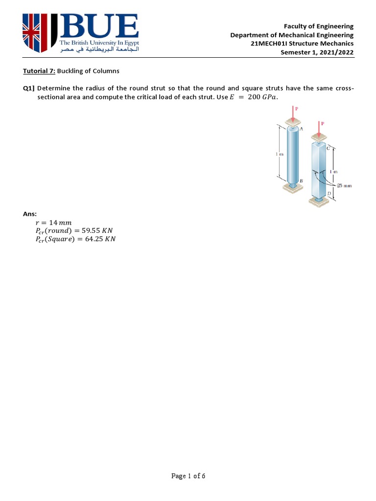 21MECH01I Tutorial 7 Buckling of Columns | PDF