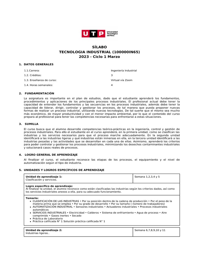 Sílabo Tecnología Industrial UTP 2023 | PDF | Plan de estudios | Ingeniería