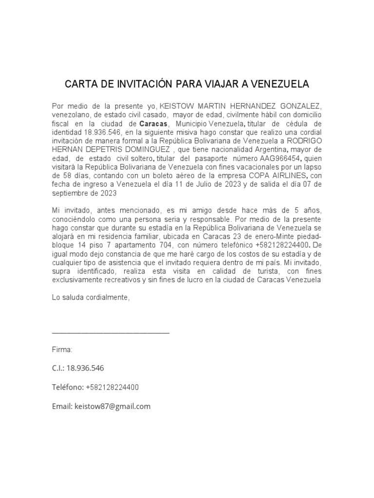 Modelo de Carta de Invitación a Venezuela | PDF