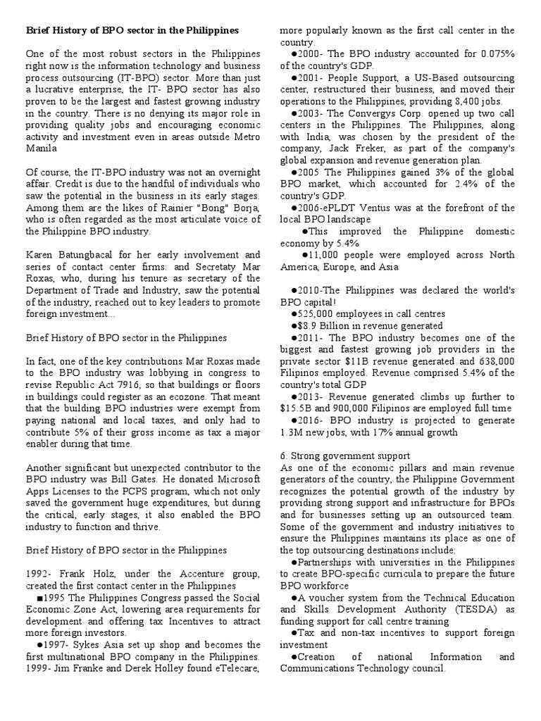 Brief History of BPO Sector in The Philippines | PDF | Outsourcing ...