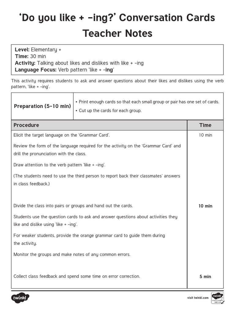 Do You Like + - Ing Conversation Cards Teacher Notes | PDF