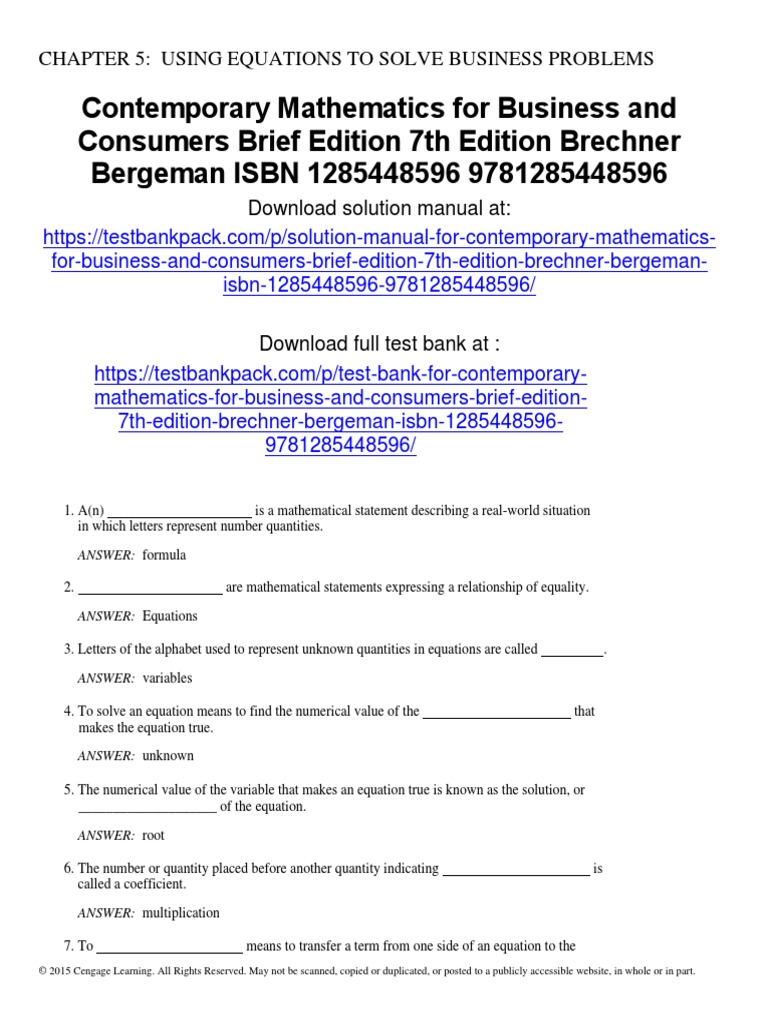 Contemporary Mathematics For Business and Consumers Brief Edition 7th ...