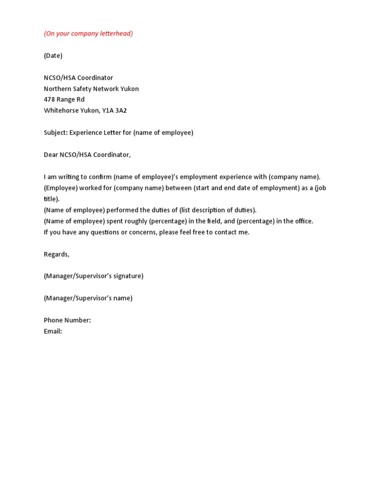 NCSO Experience Letter Template | PDF