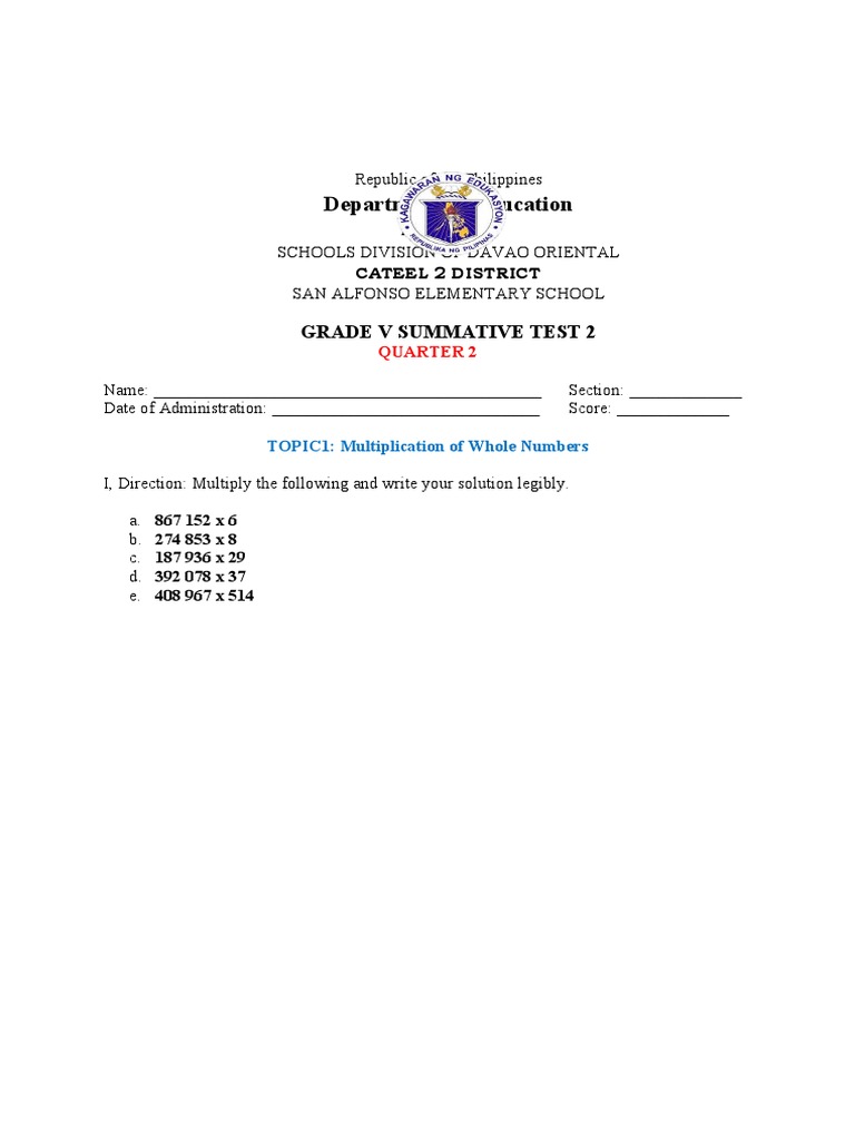 2nd Summative Test (Math 5) 2nd Grading | PDF