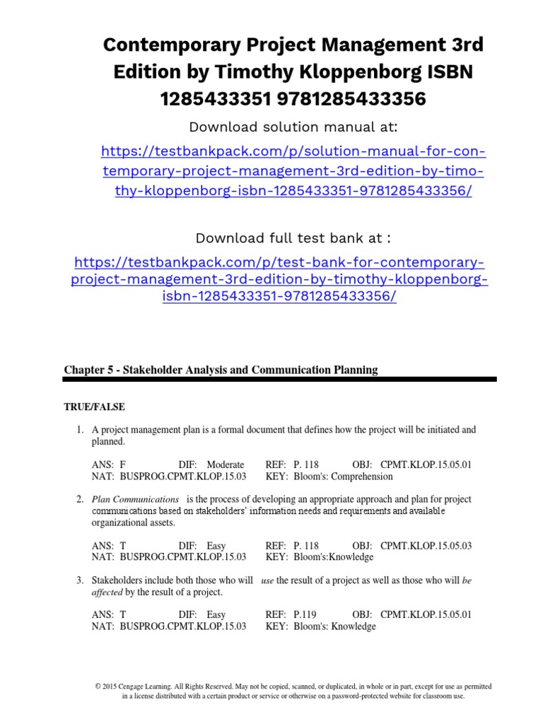 Contemporary Project Management 3rd Edition Timothy Kloppenborg Test ...