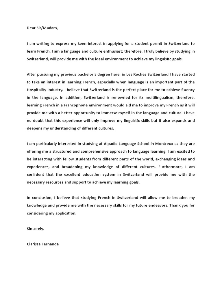 Motivation Letter (Swiss Visa) | PDF