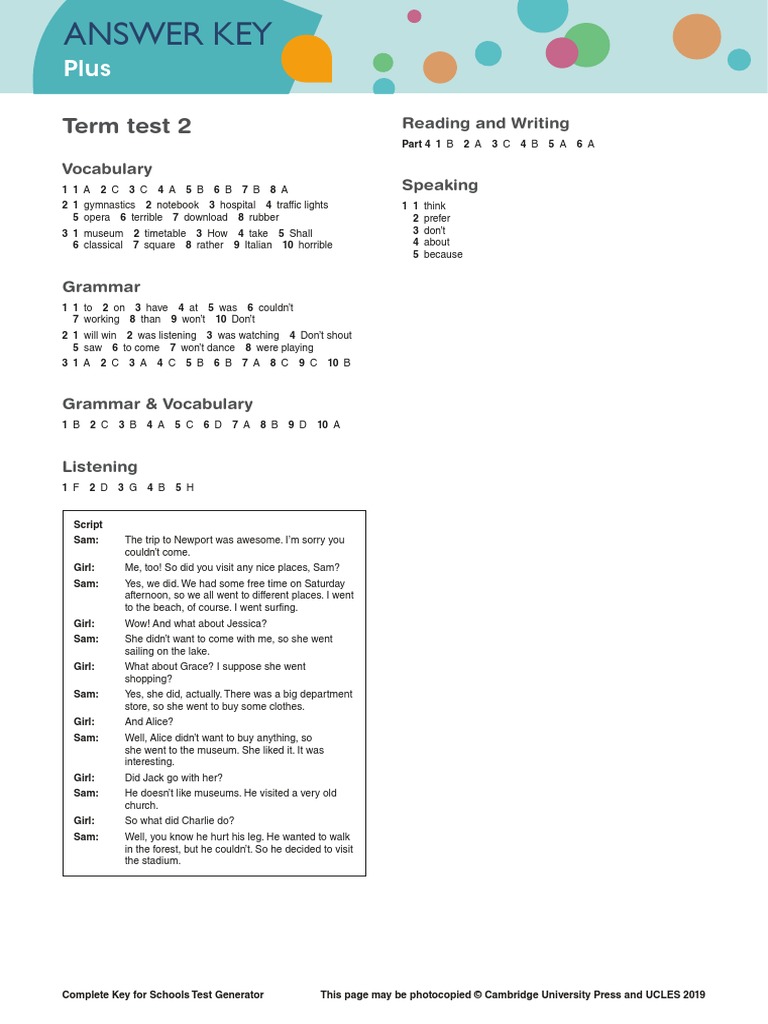 Complete Key For Schools Term Test 2 Plus Answer Key | PDF