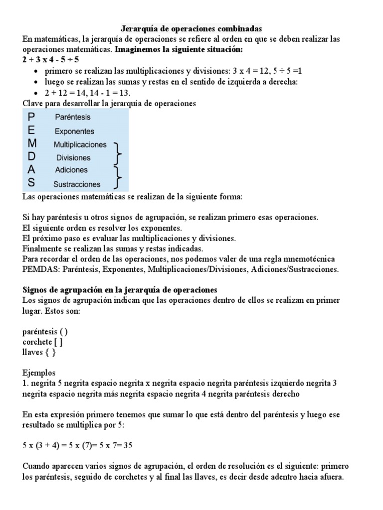 Jerarquía de Operaciones Combinadas | PDF | Matemáticas | Notación ...