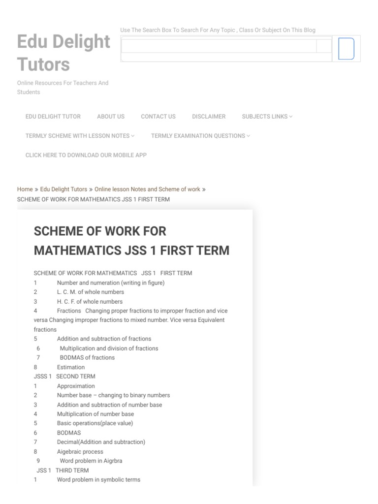 Scheme of Work For Mathematics Jss 1 First Term | PDF