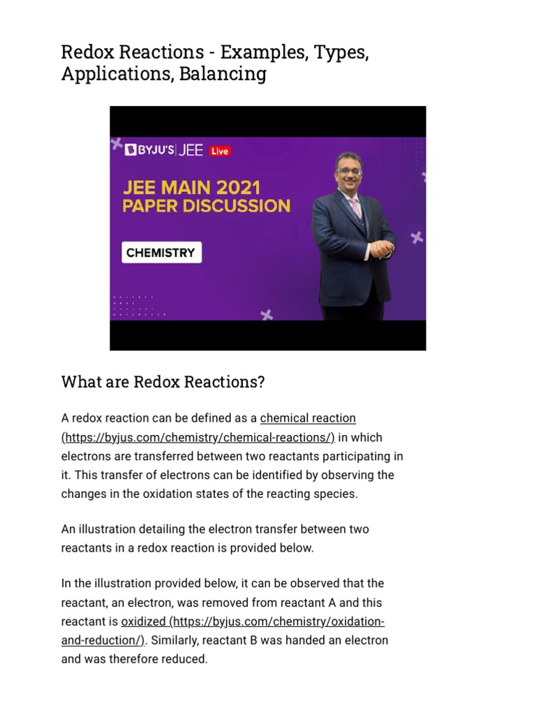 Redox Reactions - Examples, Types, Applications, Balancing | PDF