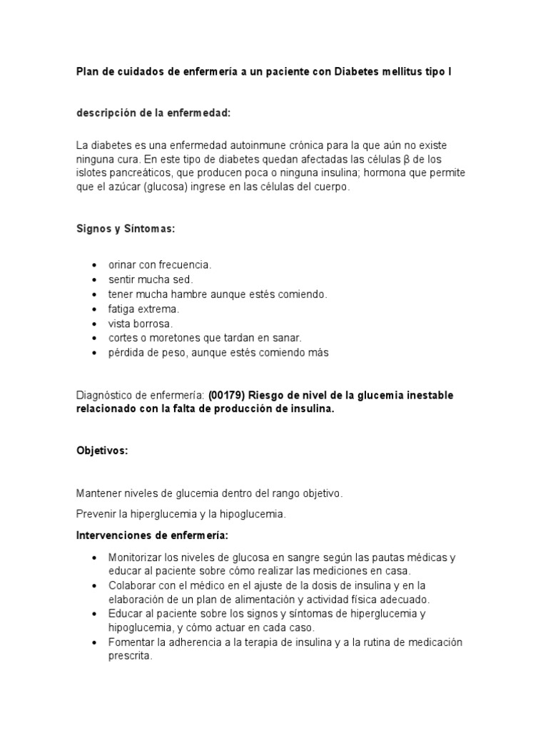 Plan de Cuidados de Enfermería A Un Paciente Con Diabetes Mellitus Tipo ...