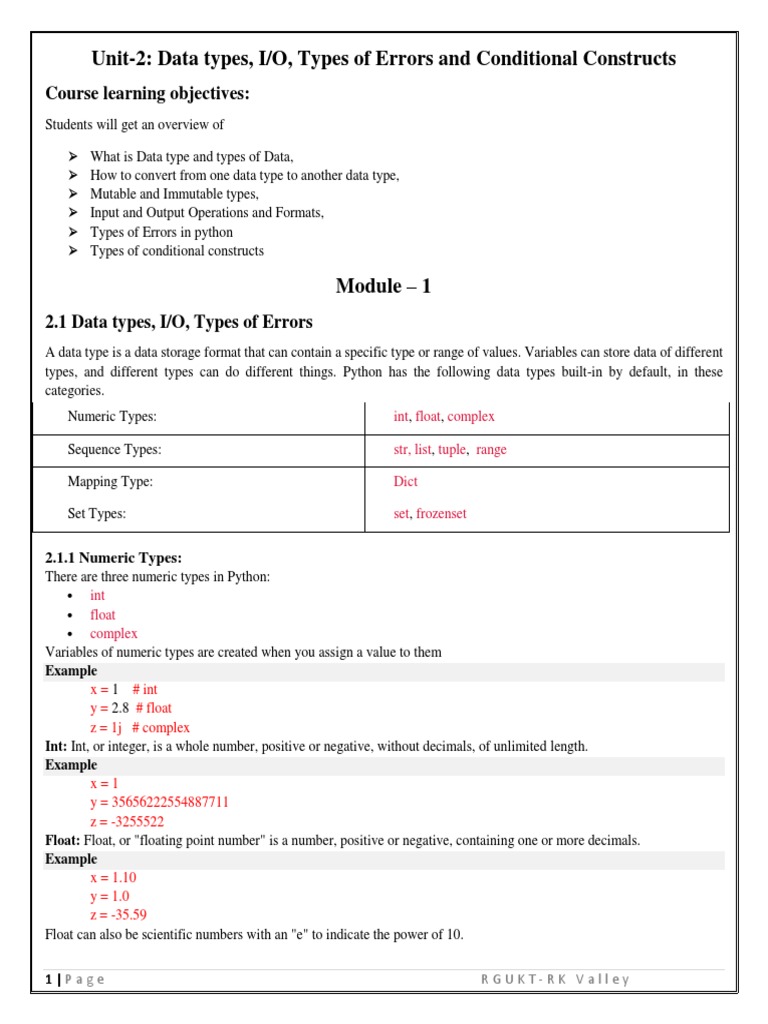 Unit - 2 - Data Types, IO, Types of Errors and Control - Structures | PDF