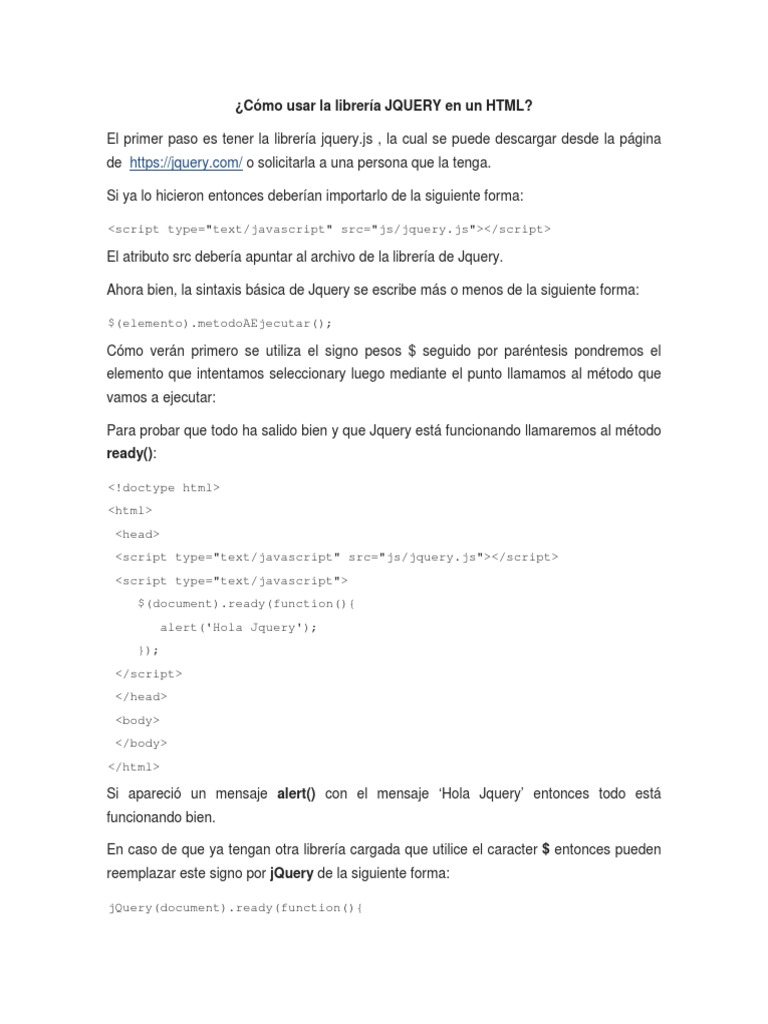 Cómo usar la librería JQUERY en un HTML | PDF | J Query | HTML