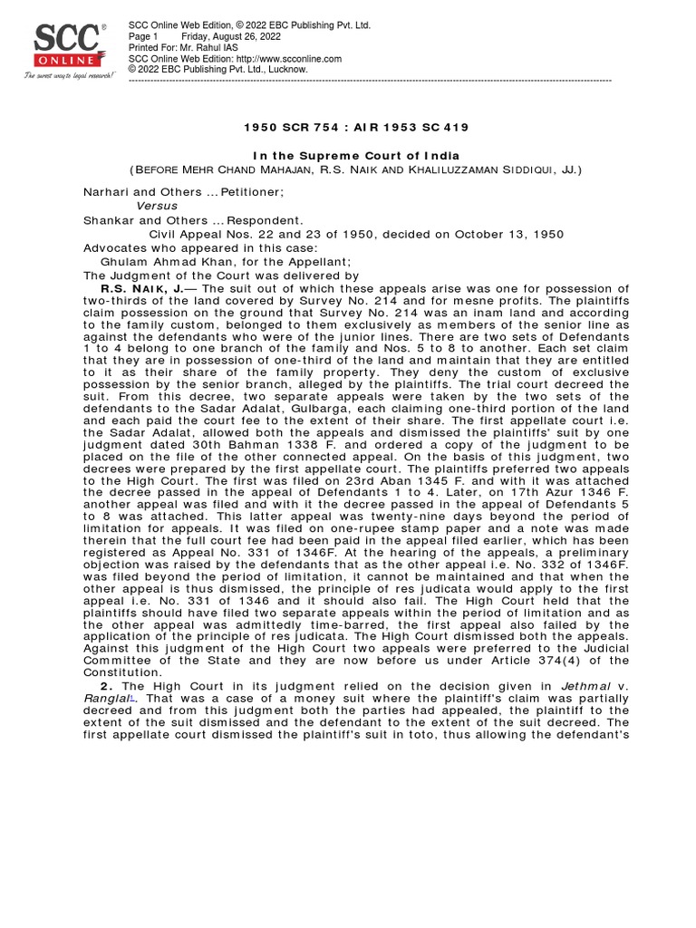 Narhari v. Shanker, 1950 SCR 754 | PDF | Lawsuit | Judgment (Law)