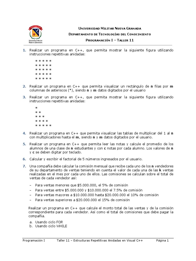 Taller 11 Estructuras Repetitivas Anidada en C++ | PDF | Informática