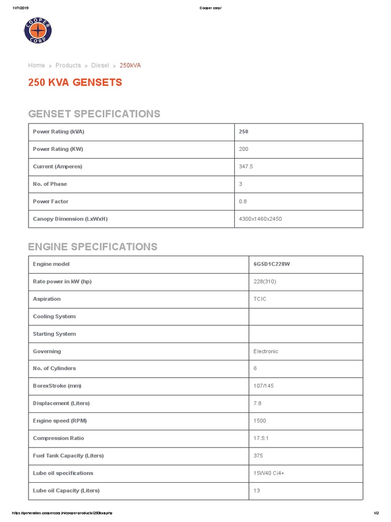 250 kVA Diesel Generator Specifications | PDF