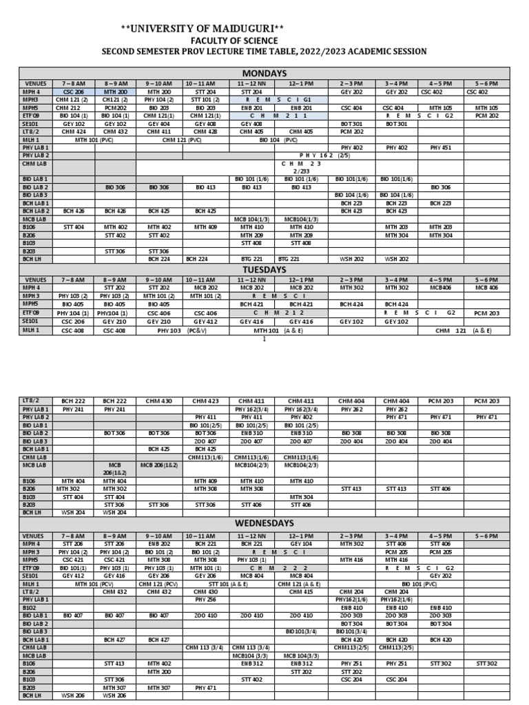 Faculty of Science Second Semester Lecture Time Table 2022-2023 Session. | PDF