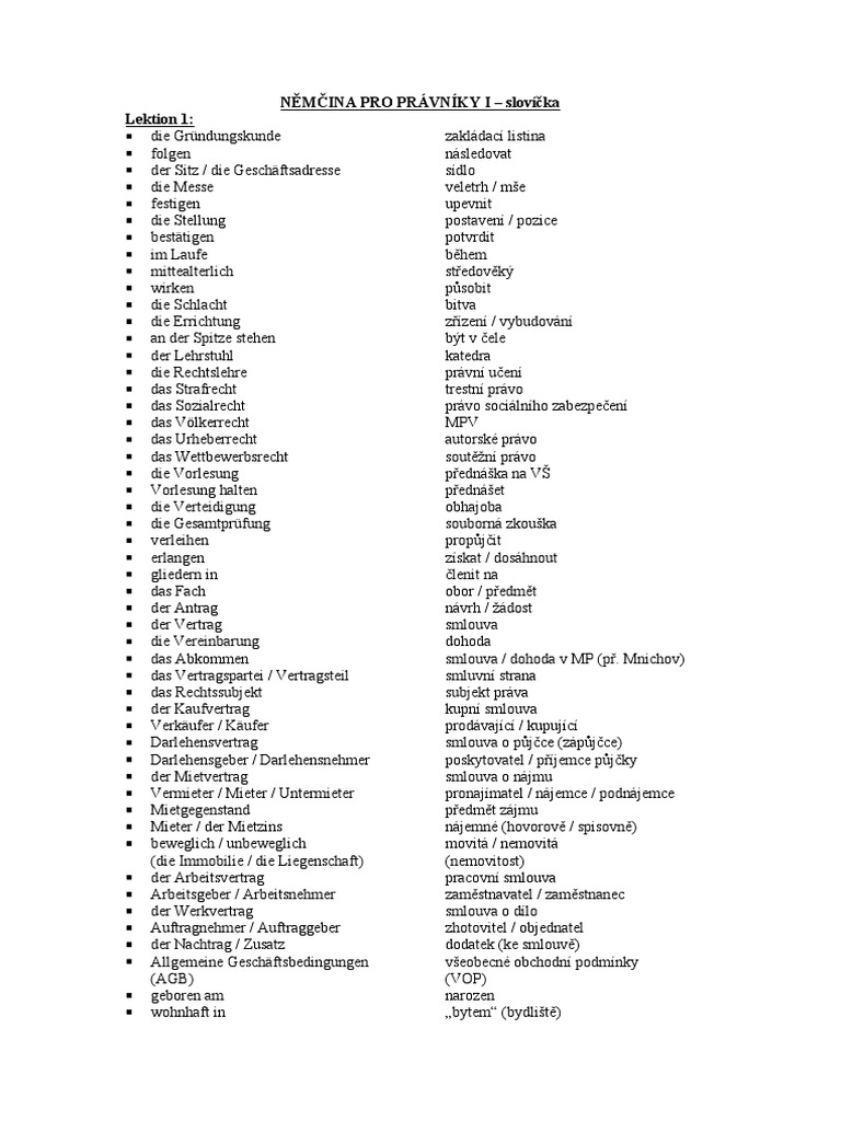 NĚMČINA PRO PRÁVNÍKY I - Vocabulary | PDF