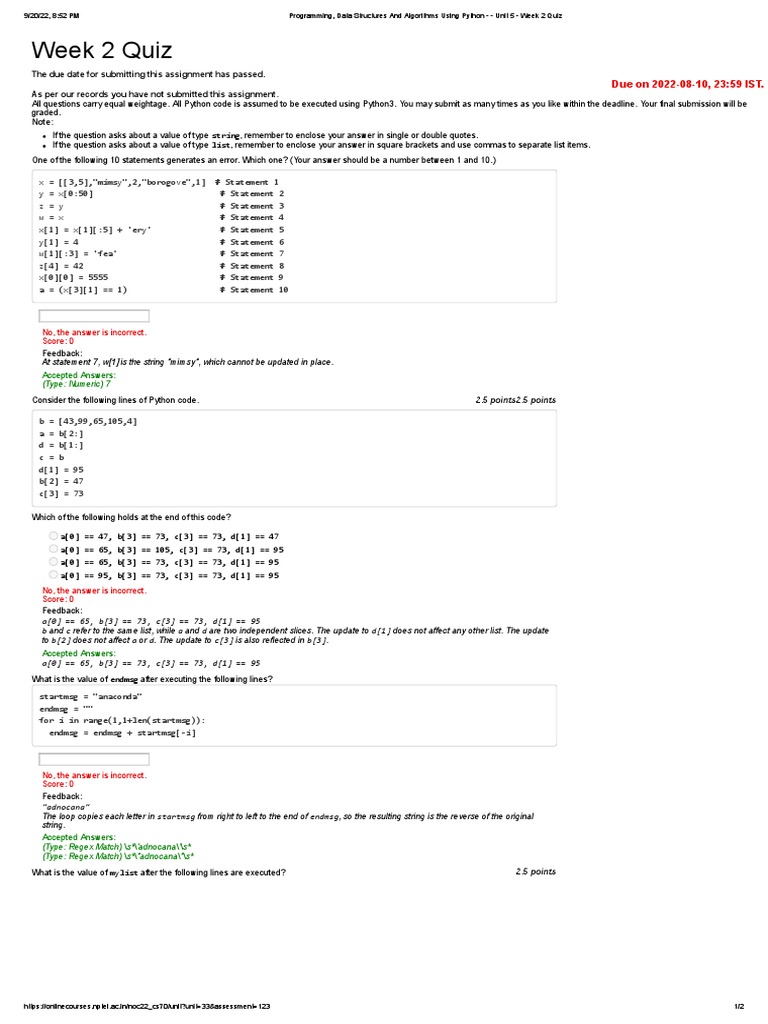 Programming Data Structures And Algorithms Using Python Unit 5 Week 2 Quiz Pdf Regular 