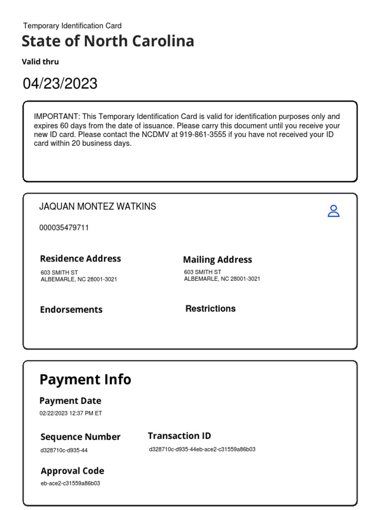 North Carolina Temporary ID Card Details | PDF