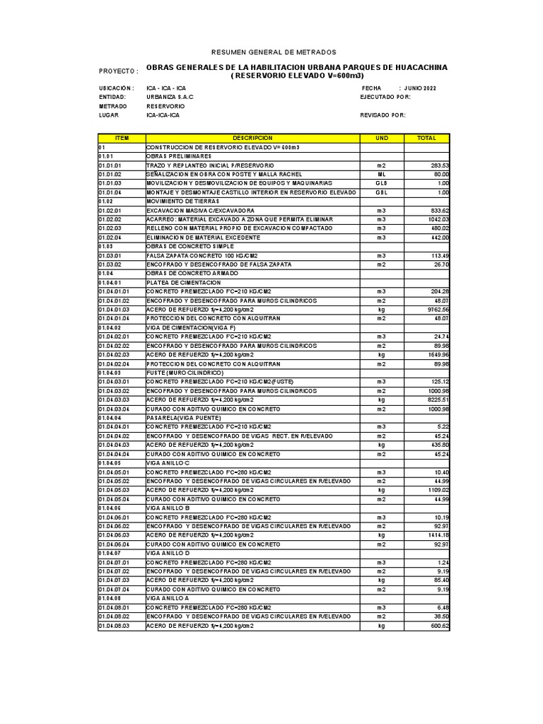 Reservorio Elevado V 600m3 | PDF