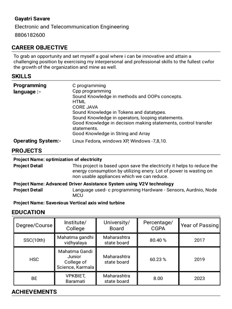 Resume Gayatri Savare Resume - PDF Format1 | Download Free PDF | Computing
