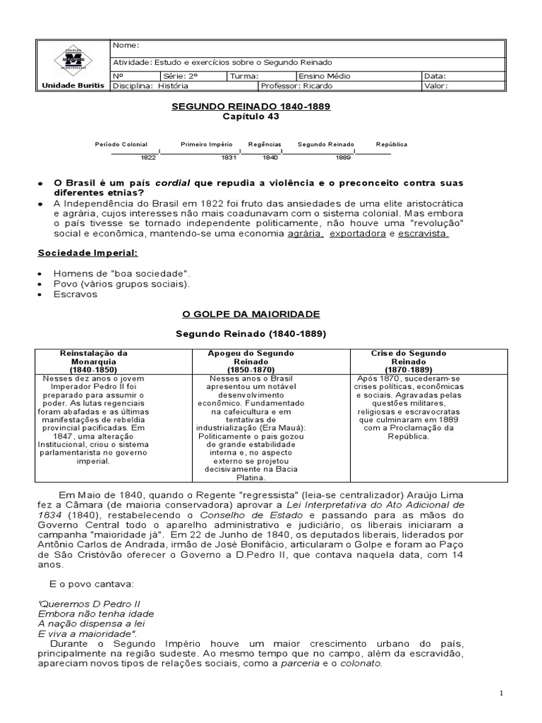 Esquema - Segundo Reinado | PDF