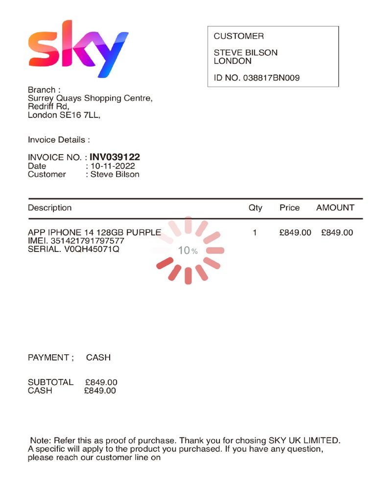 Sky Uk Invoice Iphone 14, Row, 128GB, Purple | PDF