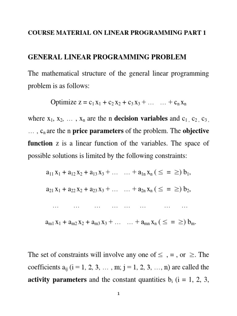 Course Material On Linear Programming Part 1 Pdf Linear Programming Mathematical Optimization